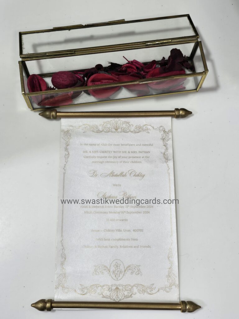 Premium glass box scroll invitation card with scroll and artificial ...