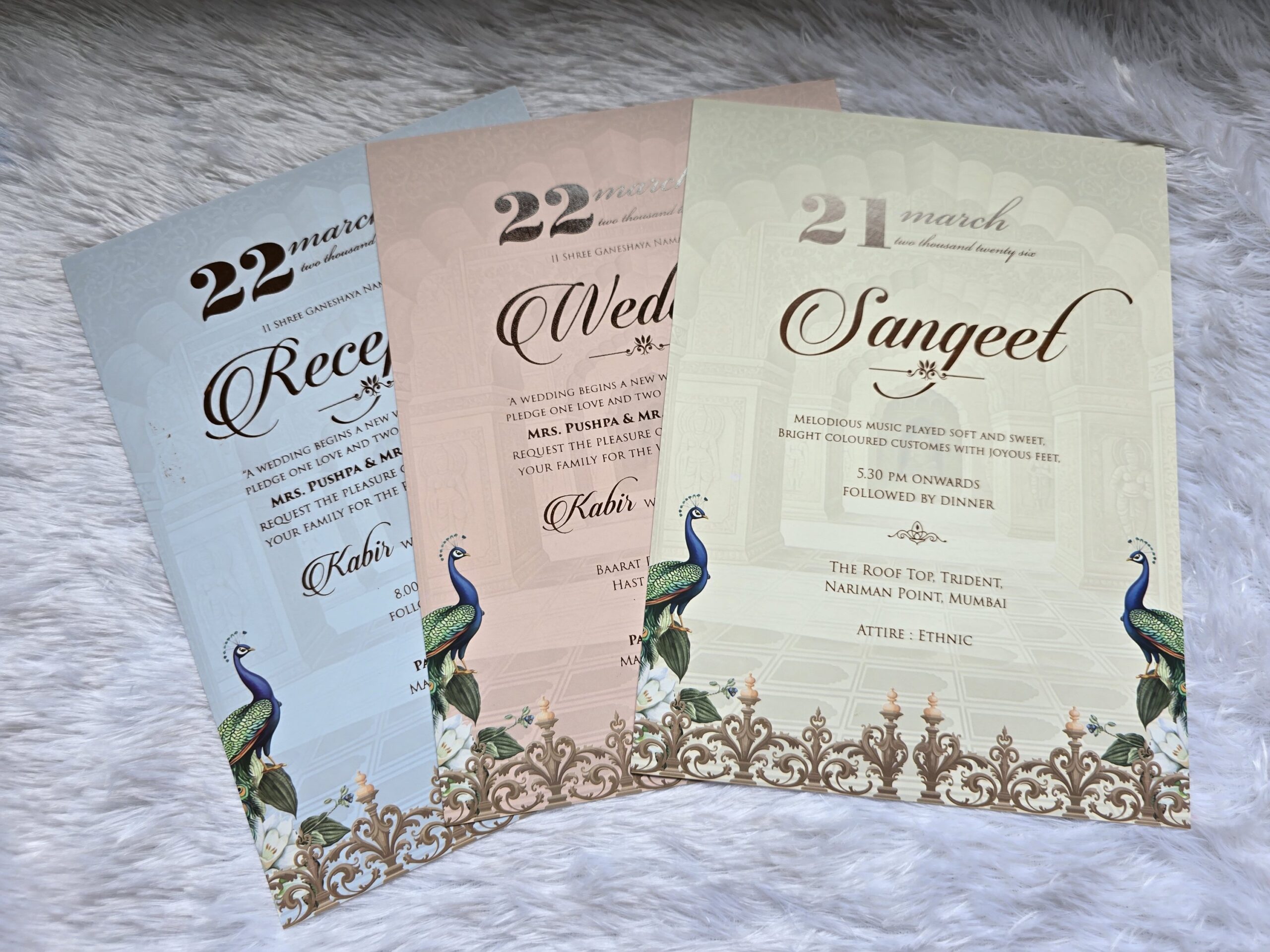 premium hardbound wedding invitation card with peacock print and 3D ...