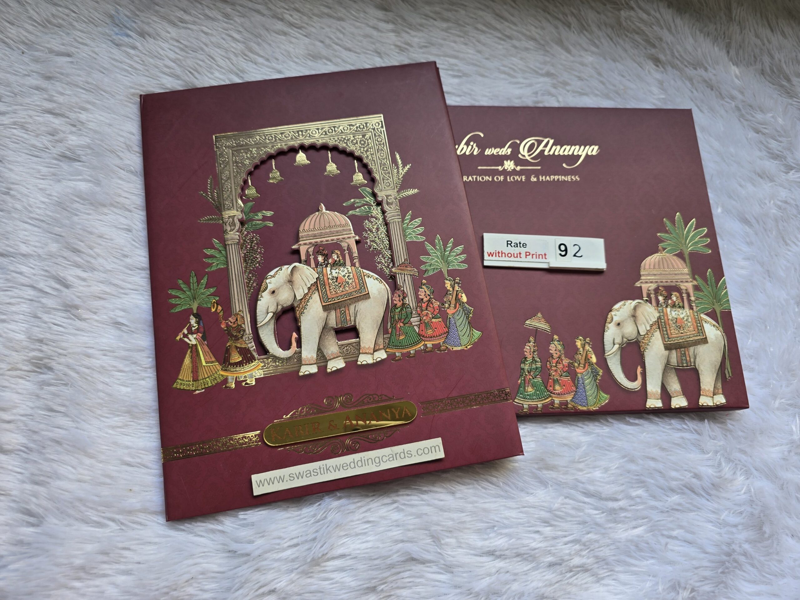 premium hardbound wedding invitation card with elephant print and 3D ...