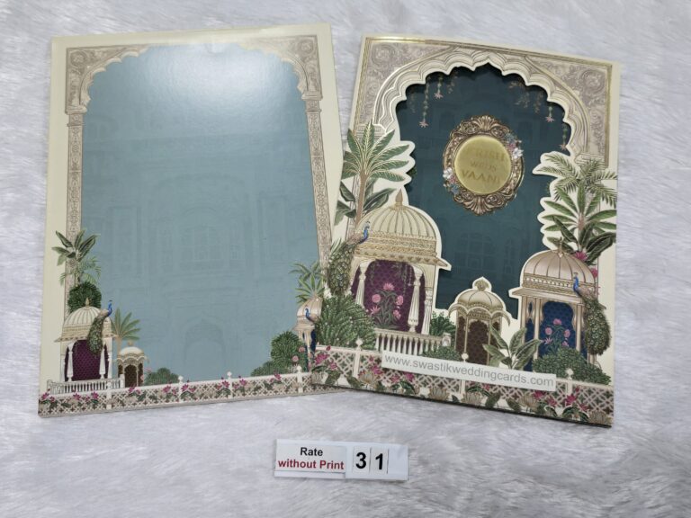 Pichwai theme folder style wedding Invitation cards with peacock design ...