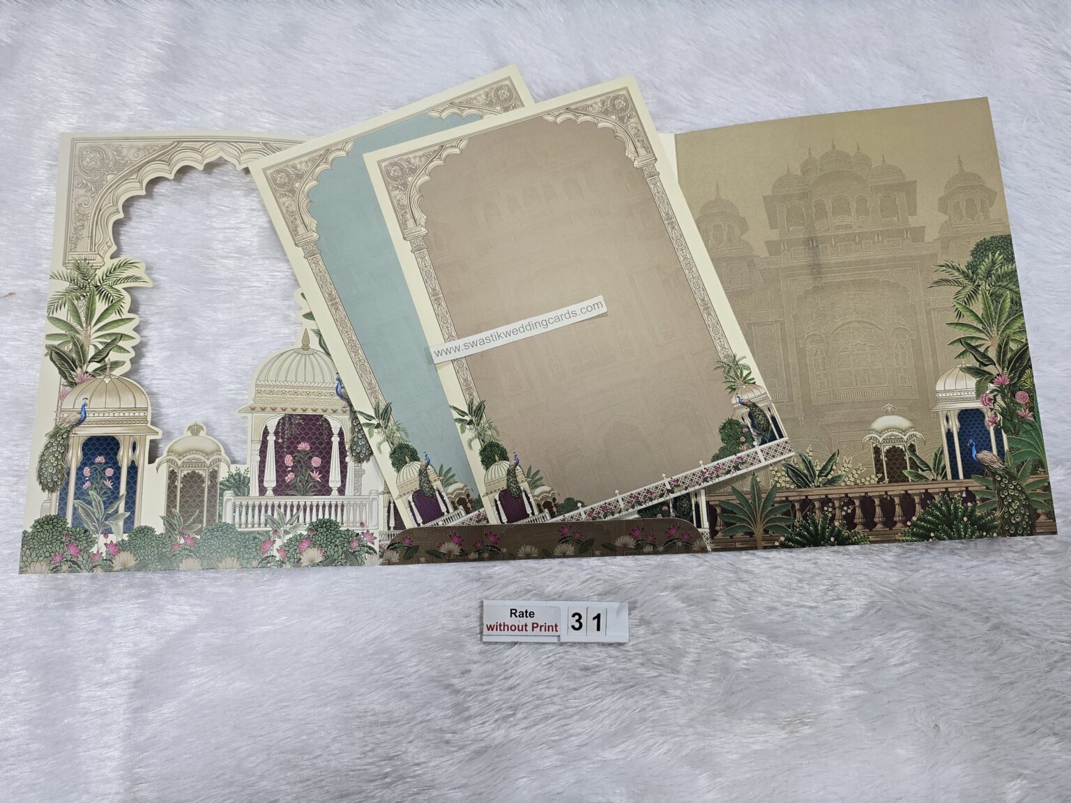 Pichwai theme folder style wedding Invitation cards with peacock design ...