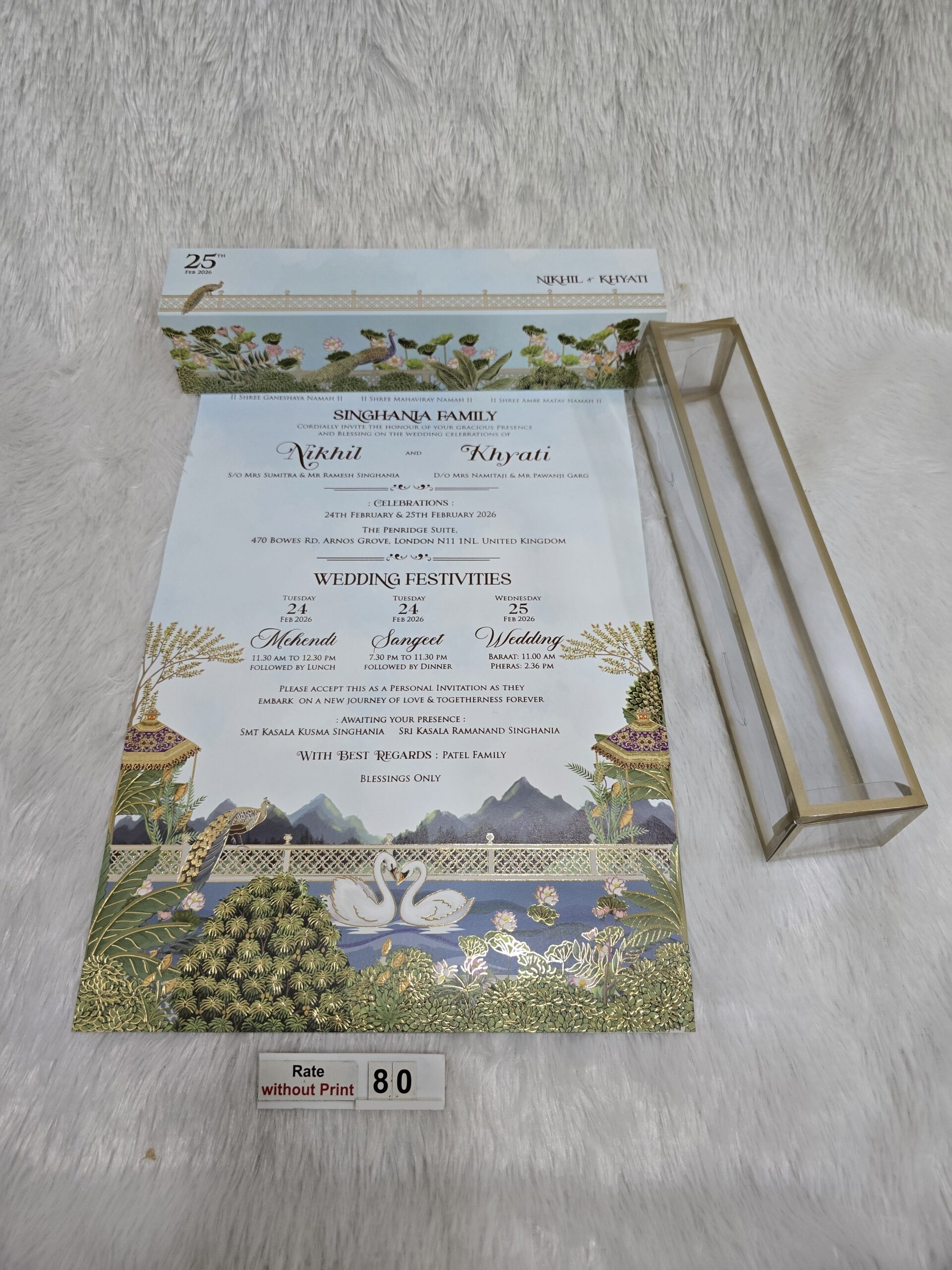 Plastic cube box with slider cover and paper scroll with design and ...