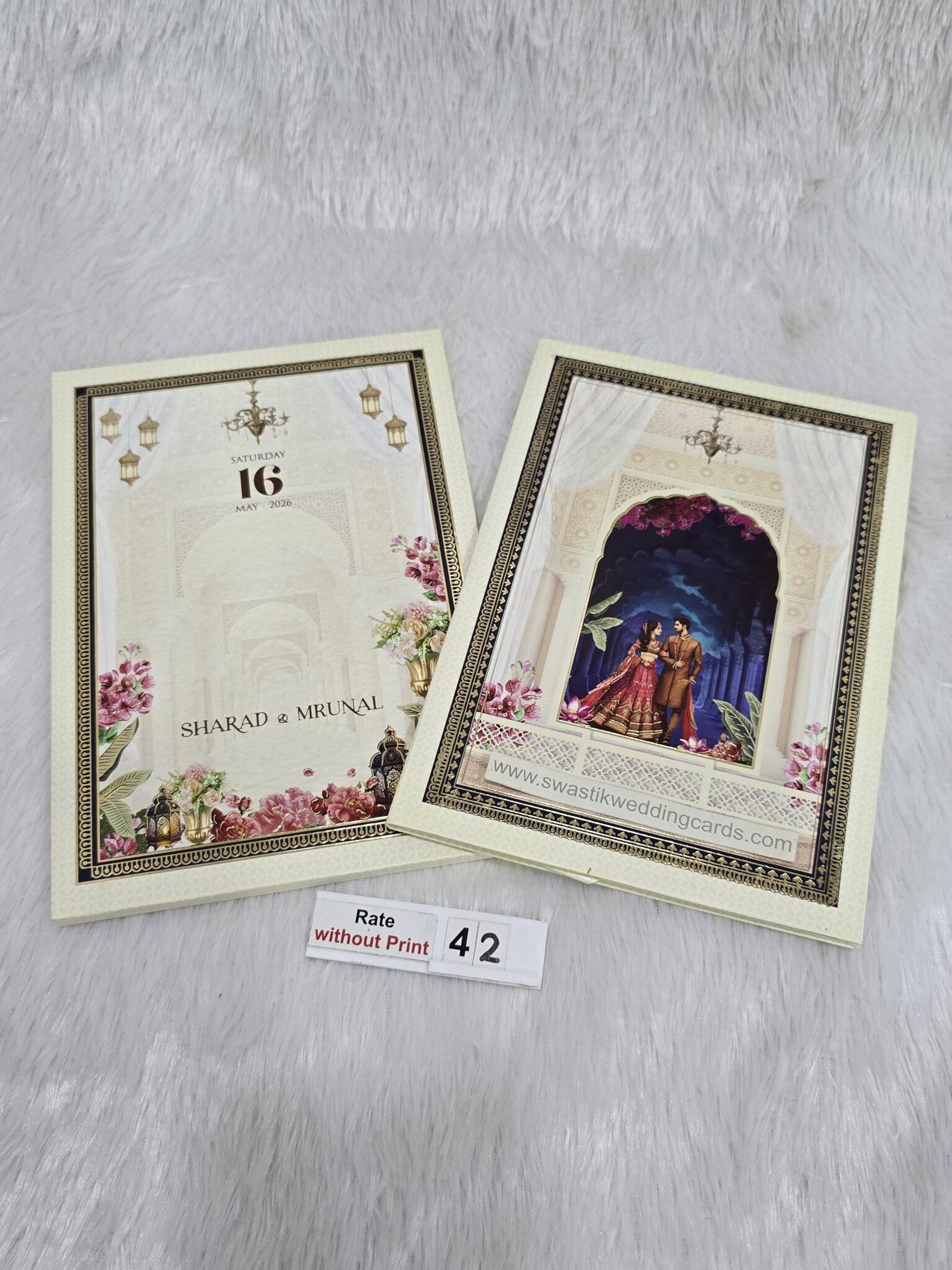 Hardbound wedding invitation card with traditional generic image of ...