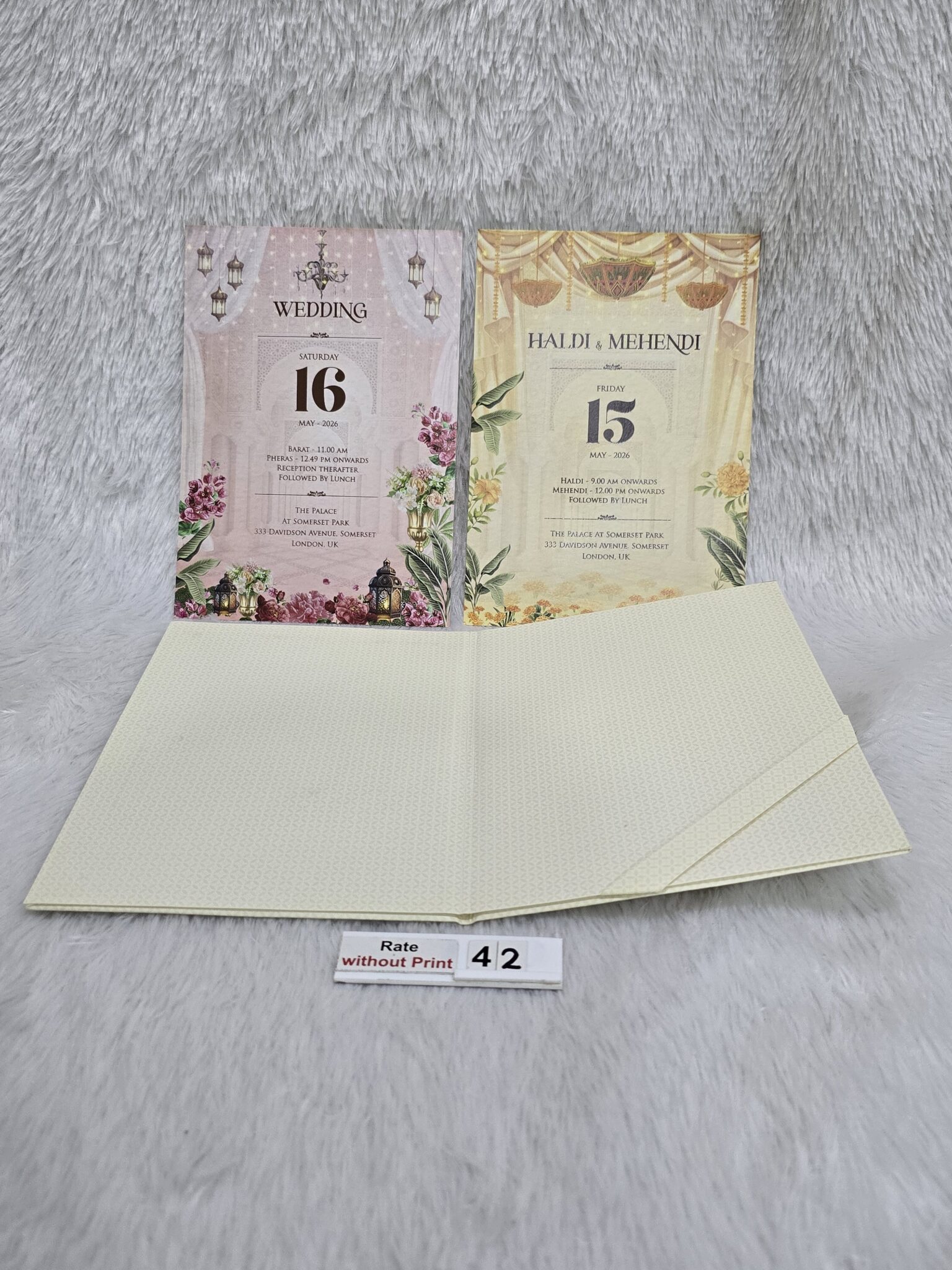 Hardbound wedding invitation card with traditional generic image of ...