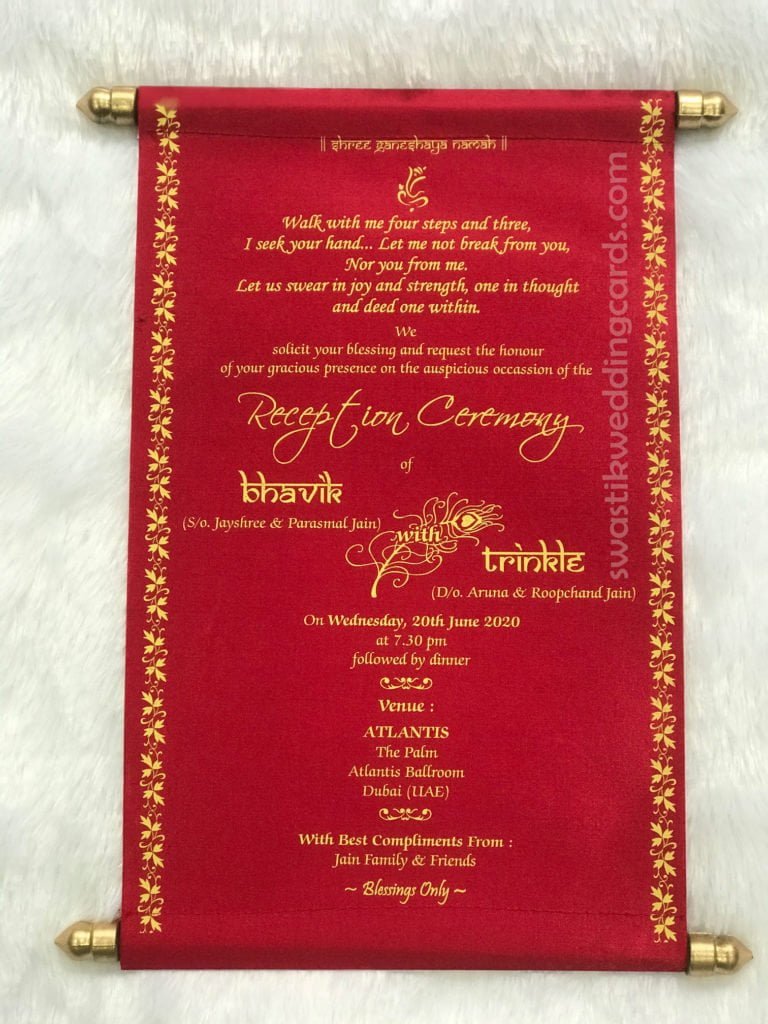 Satin(silk type material) scroll invitation and wedding card - Swastik ...