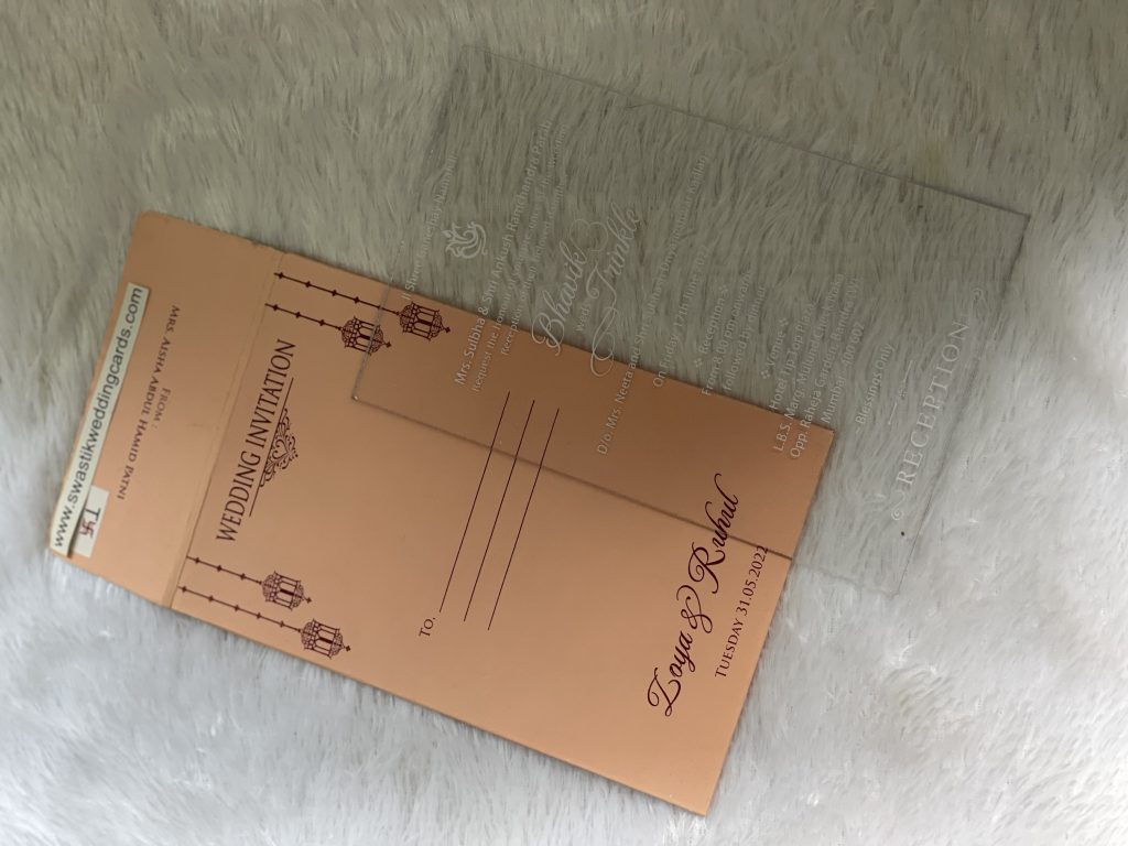 Acrylic (Plastic Material) invitation card with cover – Swastik Cards