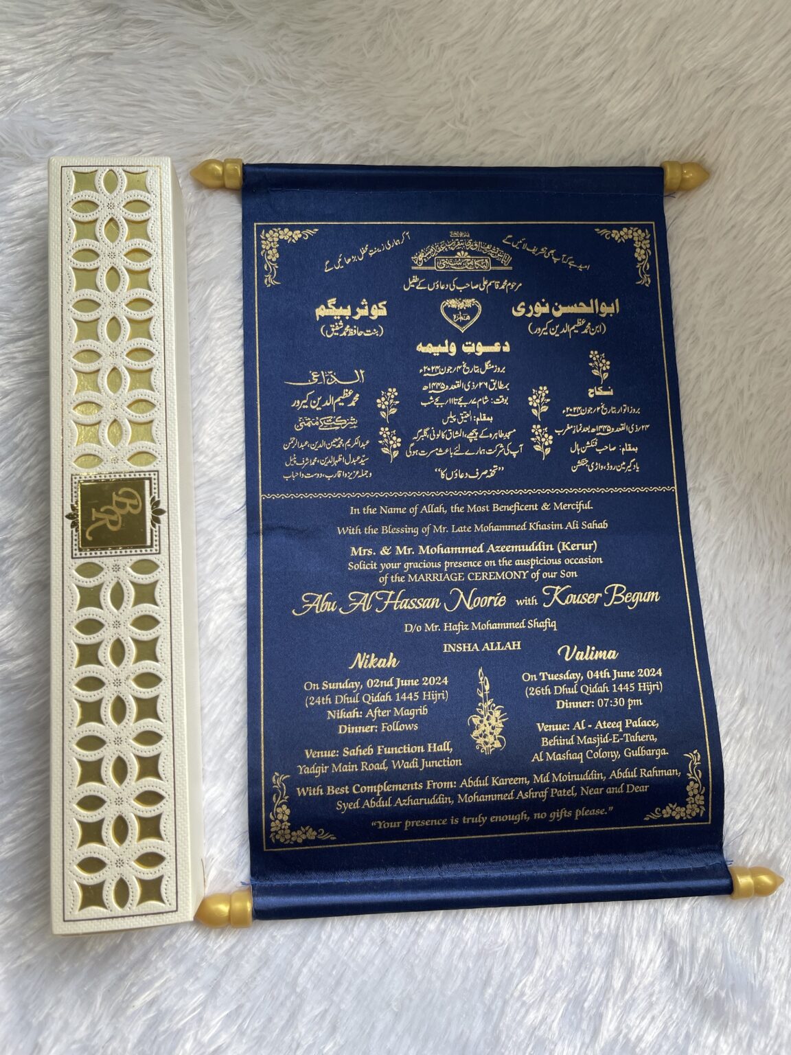 Laser cut golden foil scroll box with blue satin and Acrylic name plate ...
