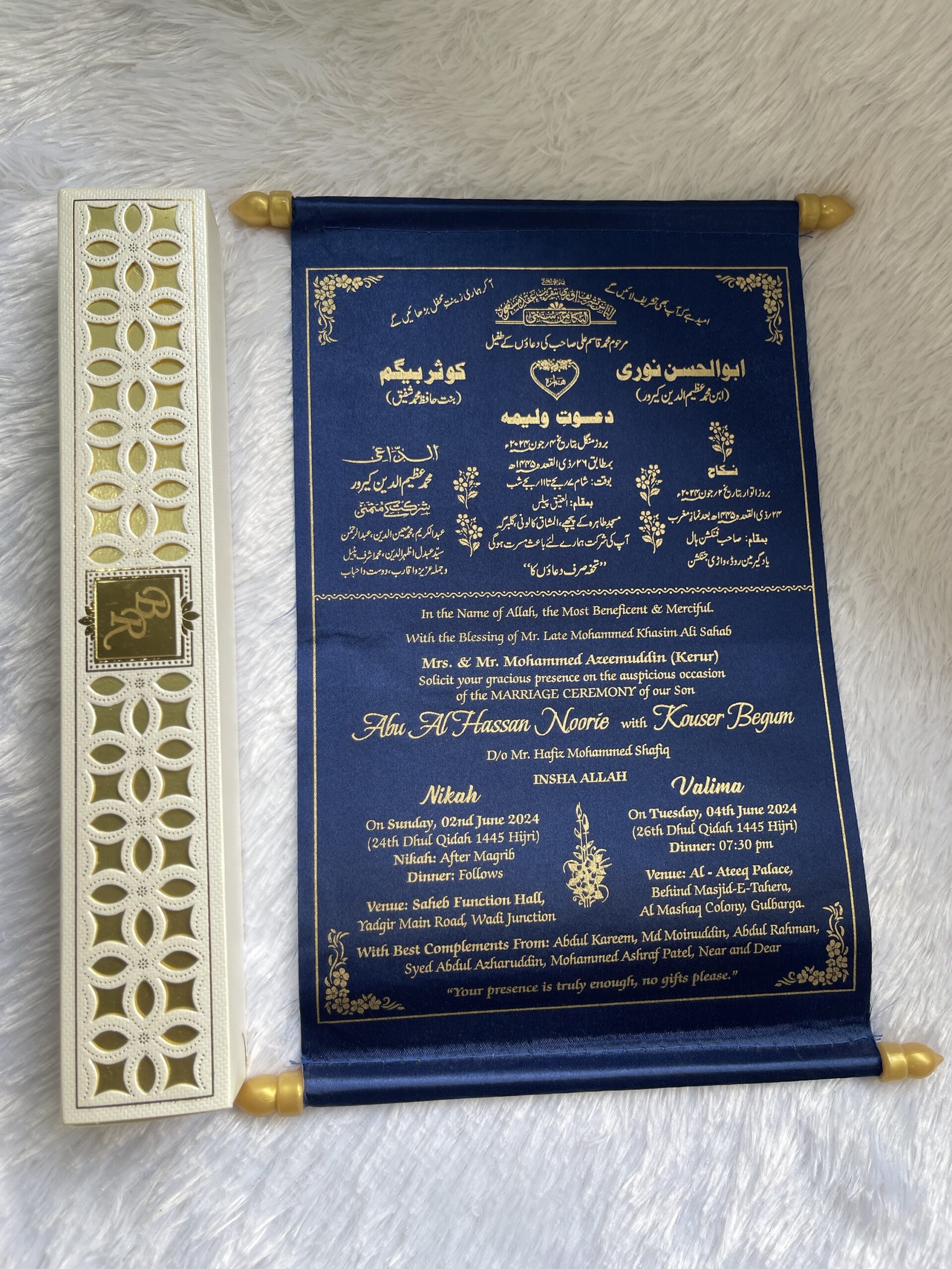 Laser cut golden foil scroll box with blue satin and Acrylic name plate ...
