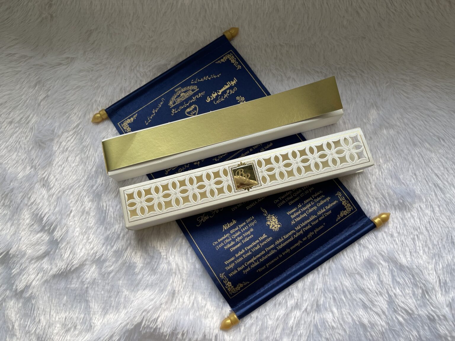 Laser cut golden foil scroll box with blue satin and Acrylic name plate ...