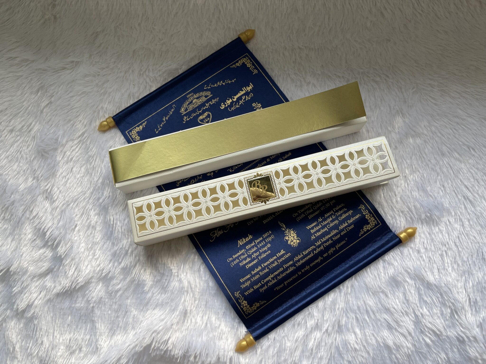 Laser cut golden foil scroll box with blue satin and Acrylic name plate ...