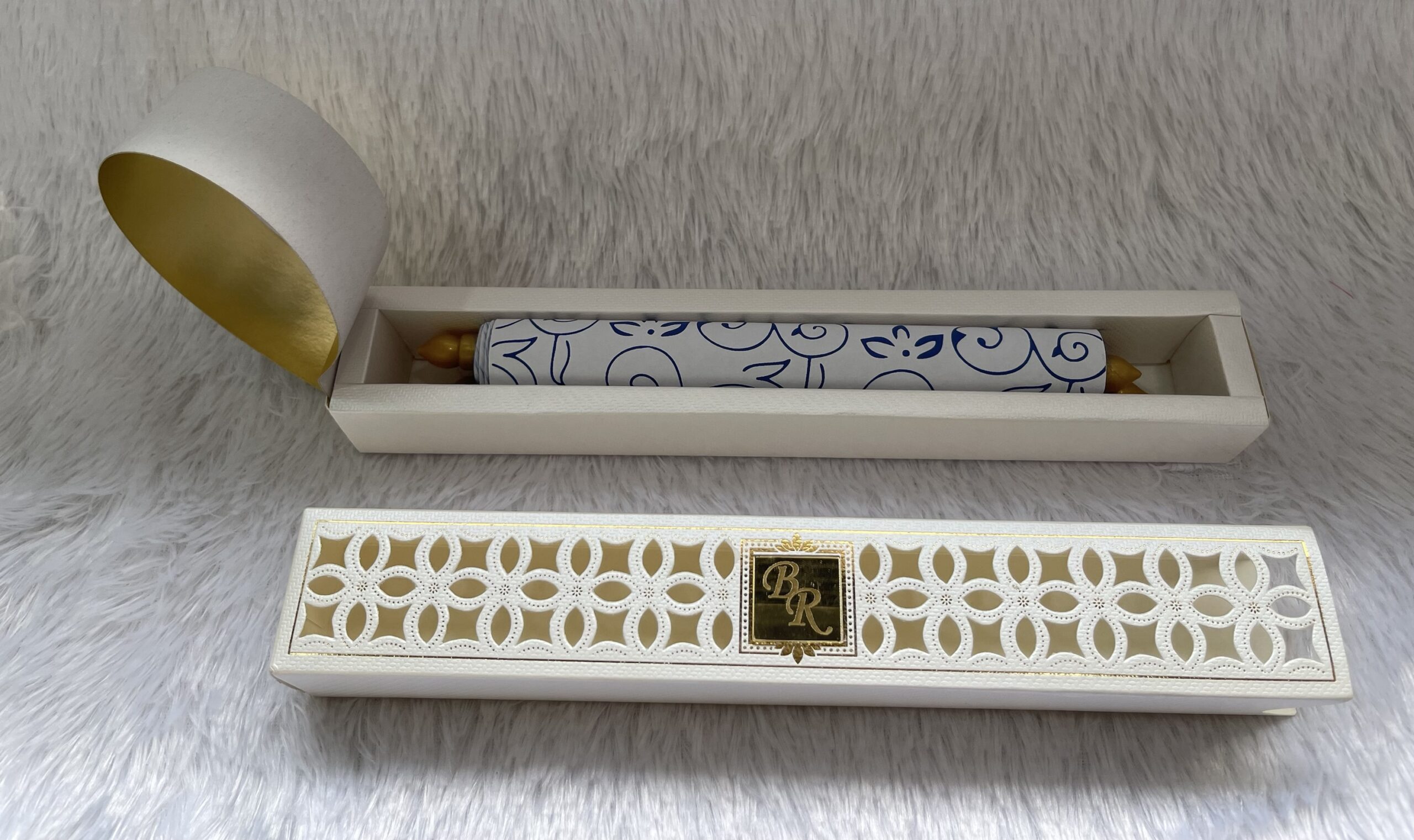 Laser cut golden foil scroll box with blue satin and Acrylic name plate ...