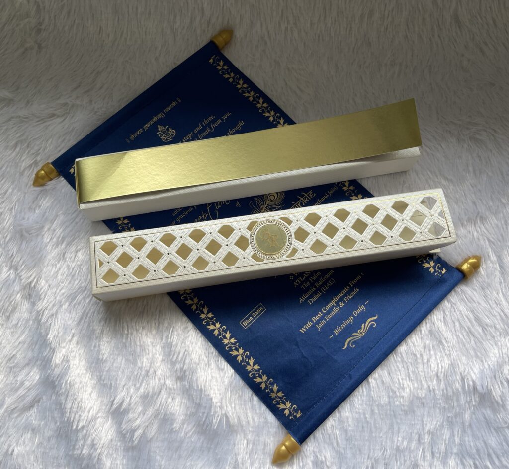 Laser cut golden foil scroll box with blue satin and Acrylic name plate ...