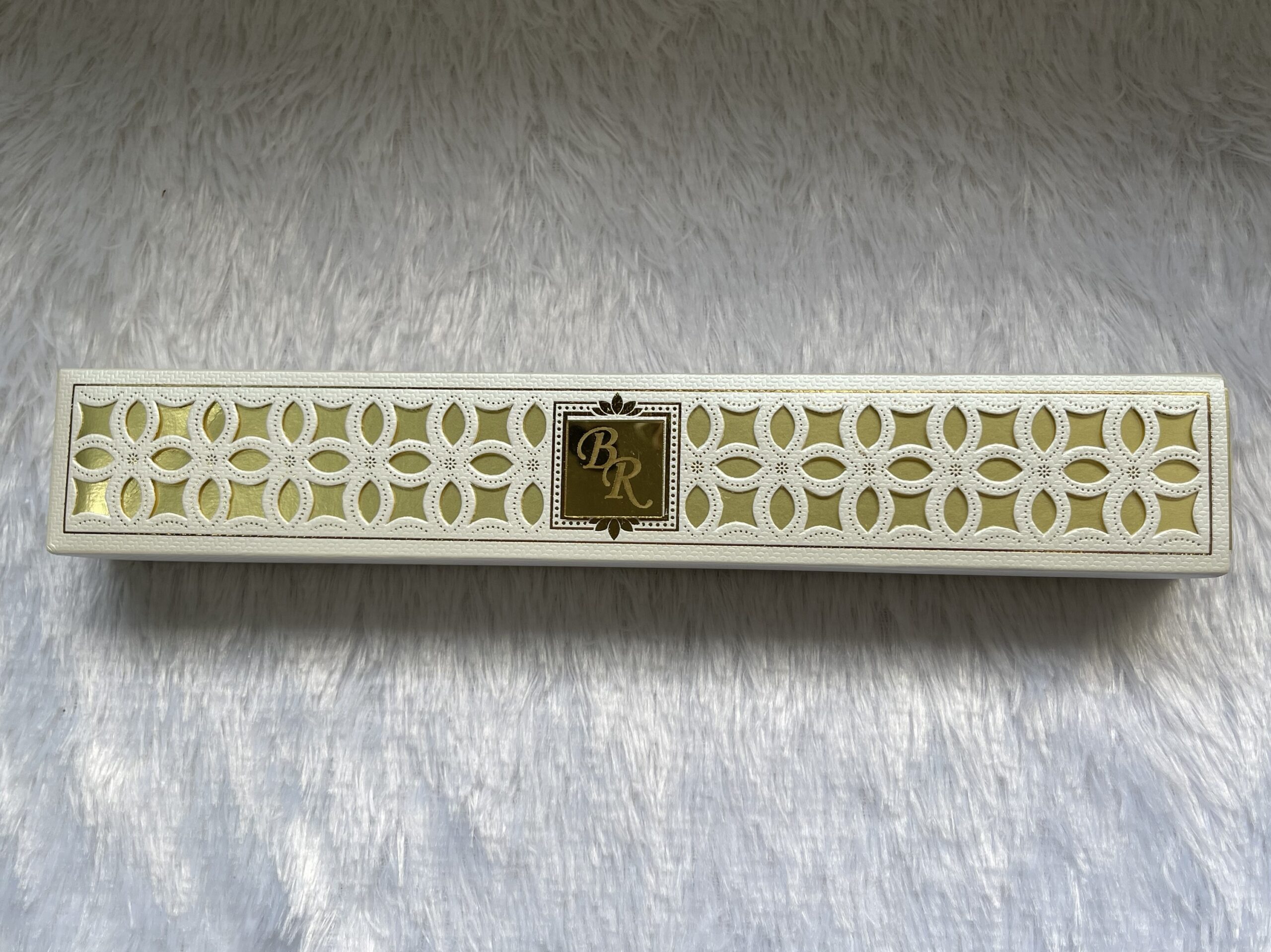 Laser cut golden foil scroll box with blue satin and Acrylic name plate ...