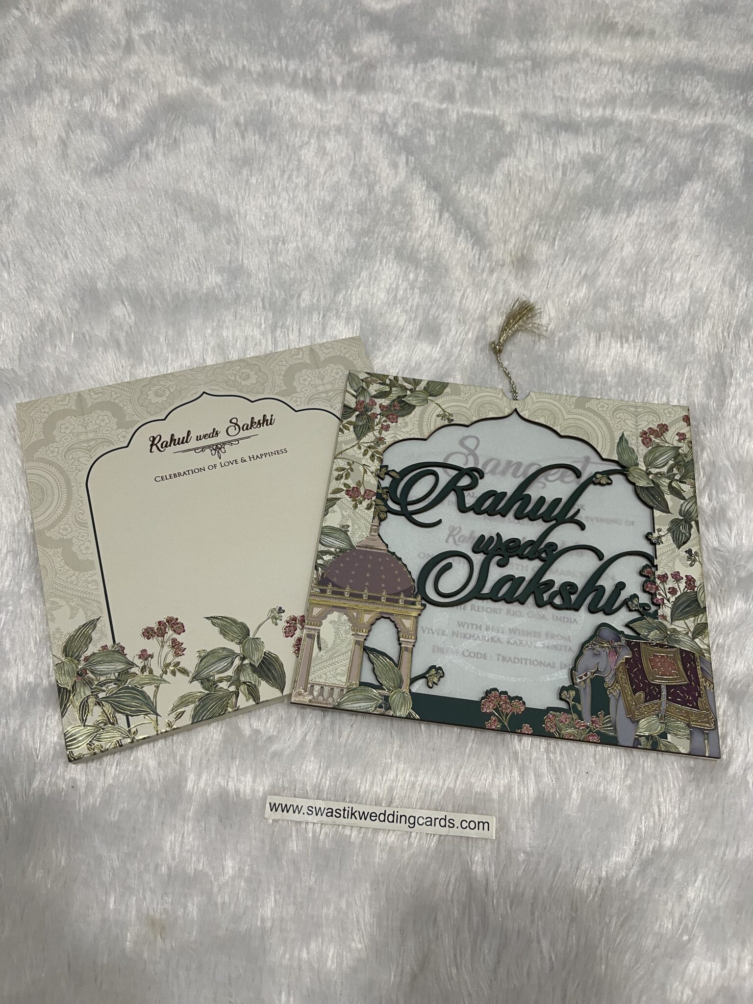 Mdf floral frame wedding invitation card with laser cutting names of ...