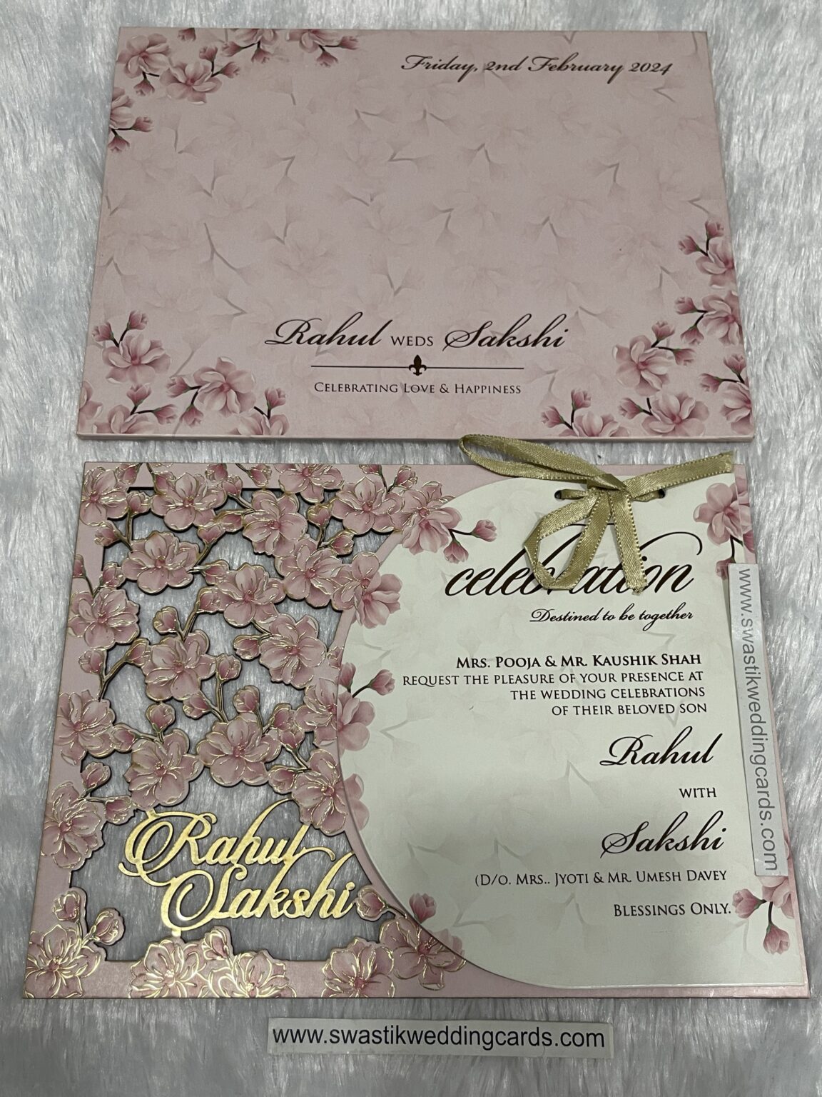 Mdf floral frame wedding invitation card with gold laser cutting names ...
