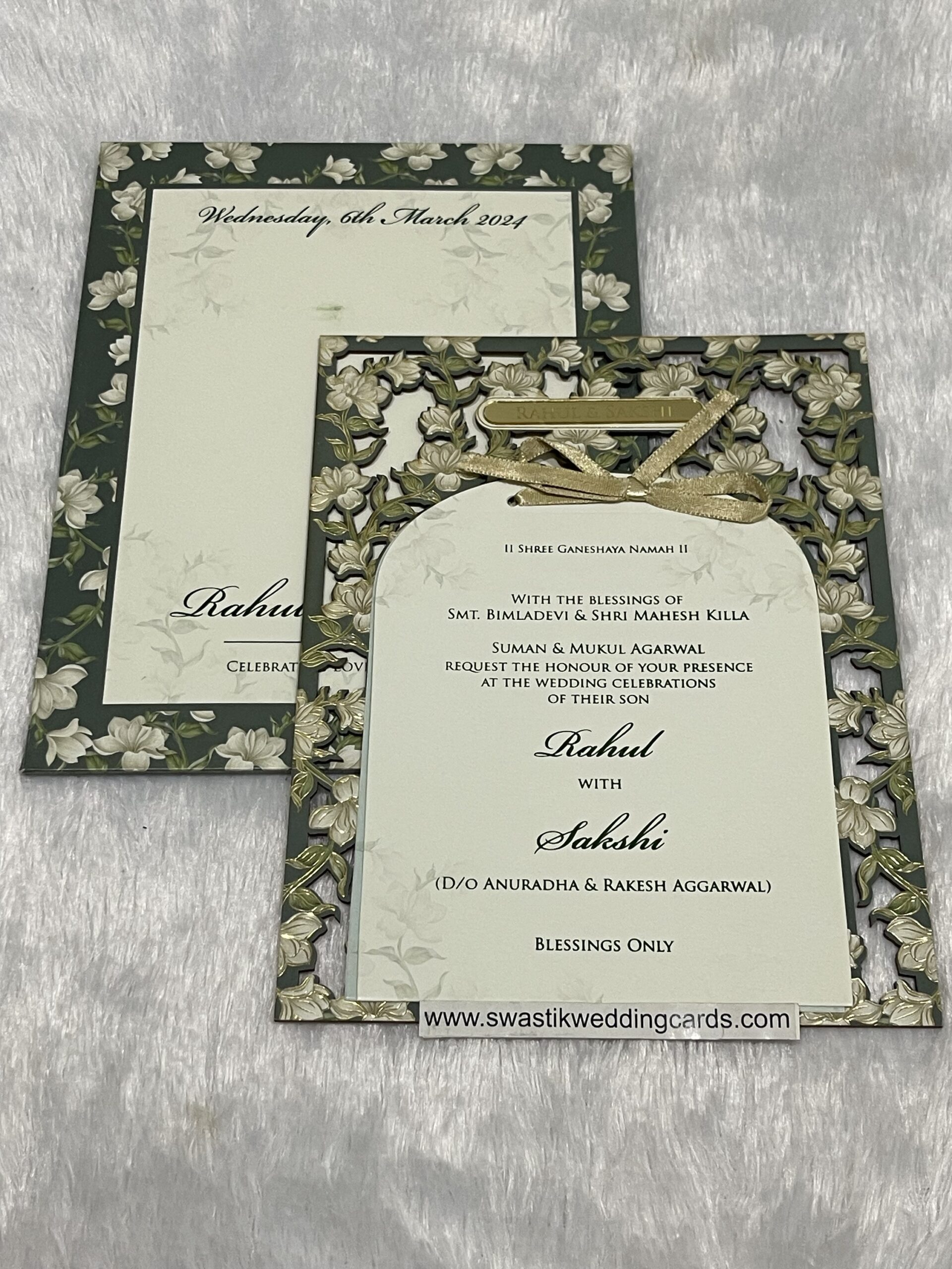 Mdf floral frame wedding invitation card with laser cut design and ...