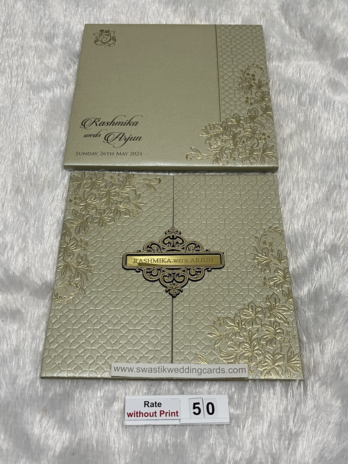 Hardbound door style opening metallic finish paper wedding invitation ...