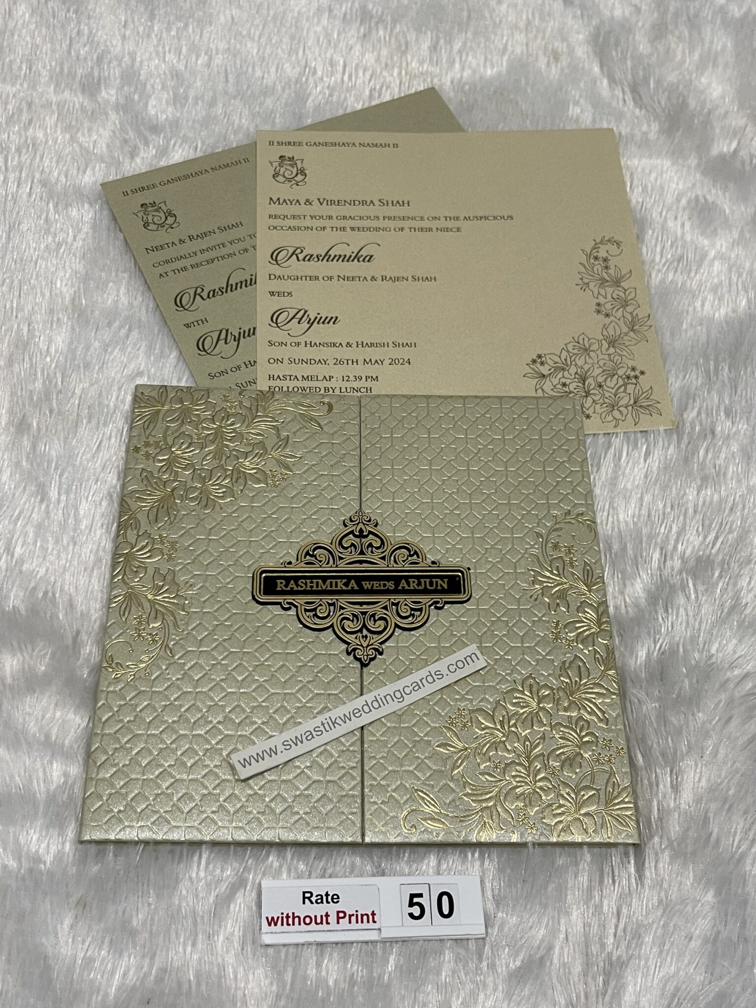 Hardbound door style opening metallic finish paper wedding invitation ...