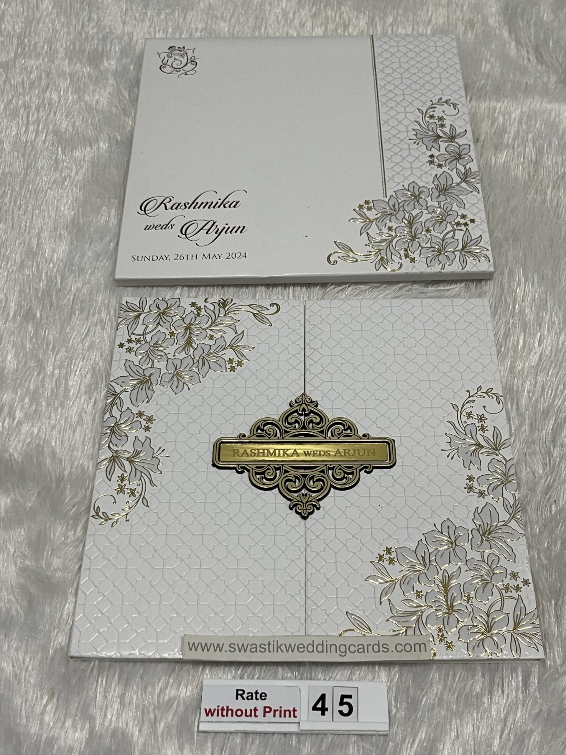 Hardbound door style opening white finish paper wedding invitation card ...