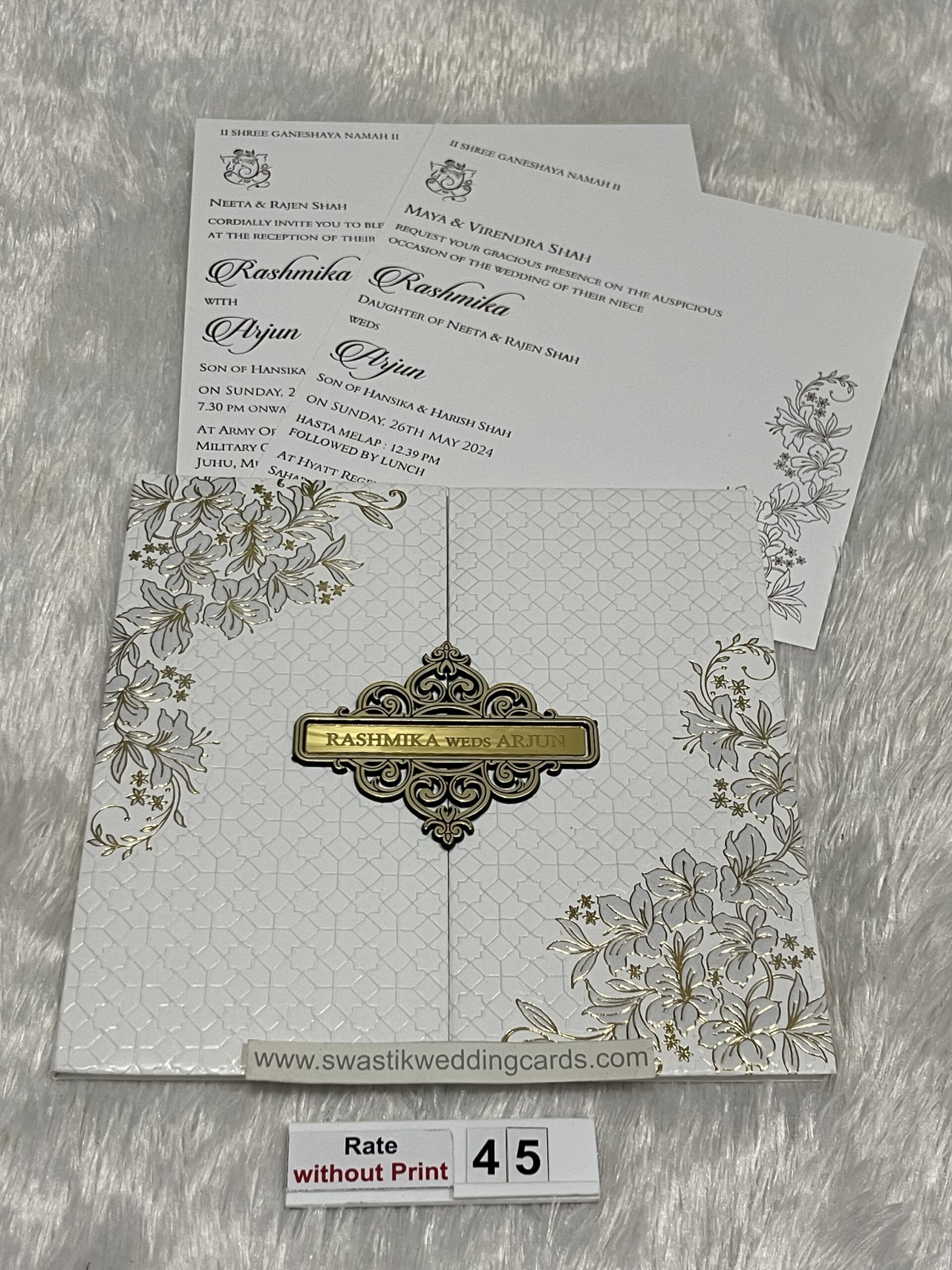 Hardbound door style opening white finish paper wedding invitation card ...