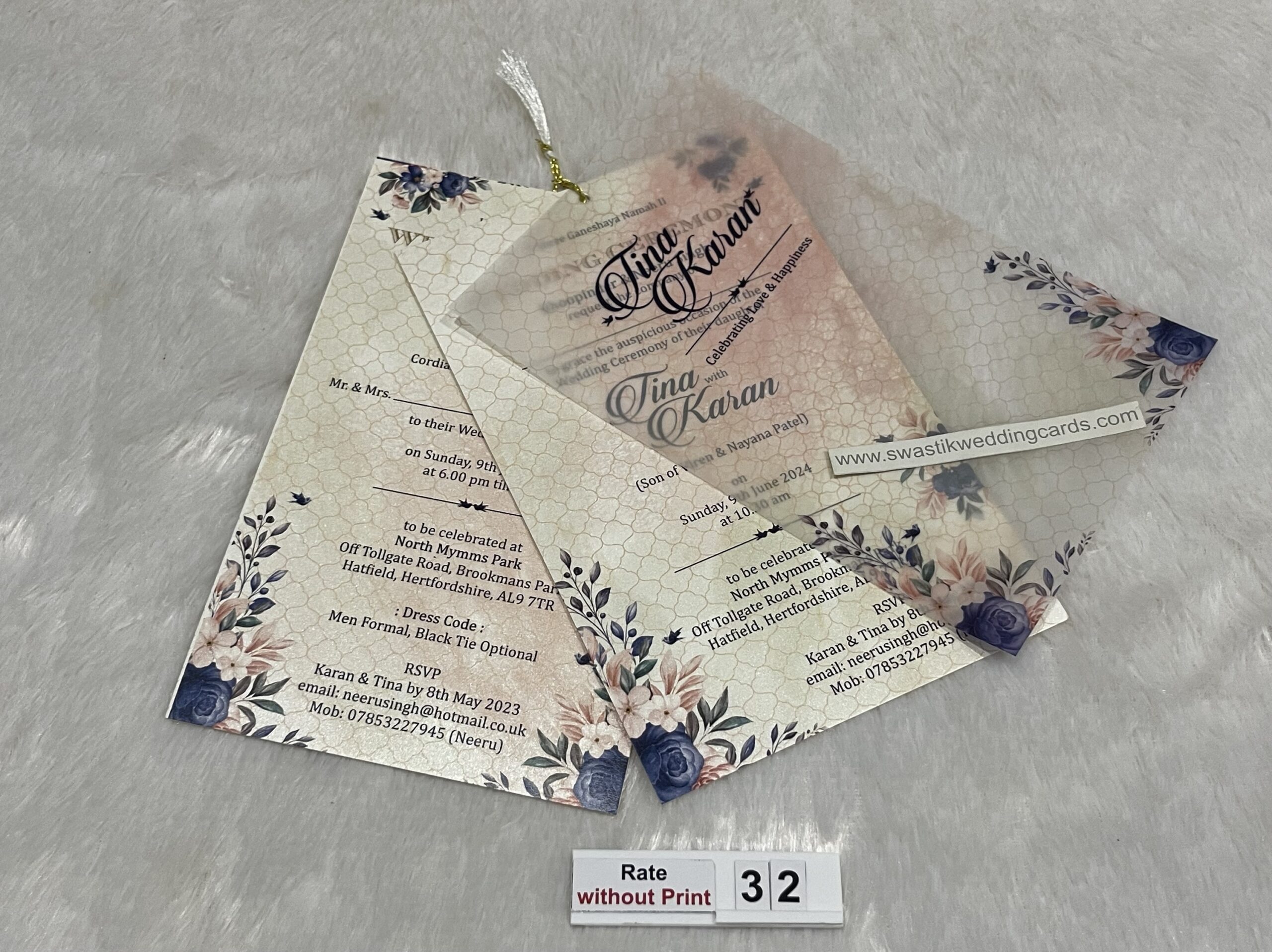 Floral tracing invitation card with 2 inserts - Swastik Cards