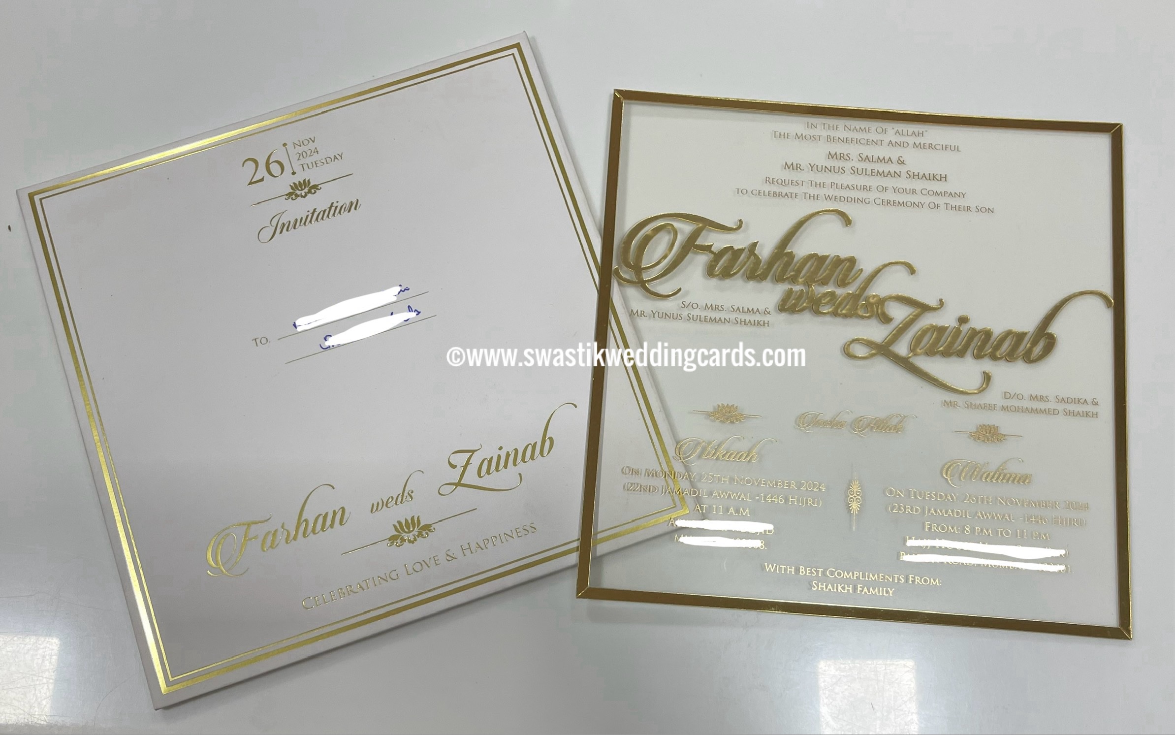 Acrylic (Clear) wedding invitation card with Gold mirror acrylic border ...